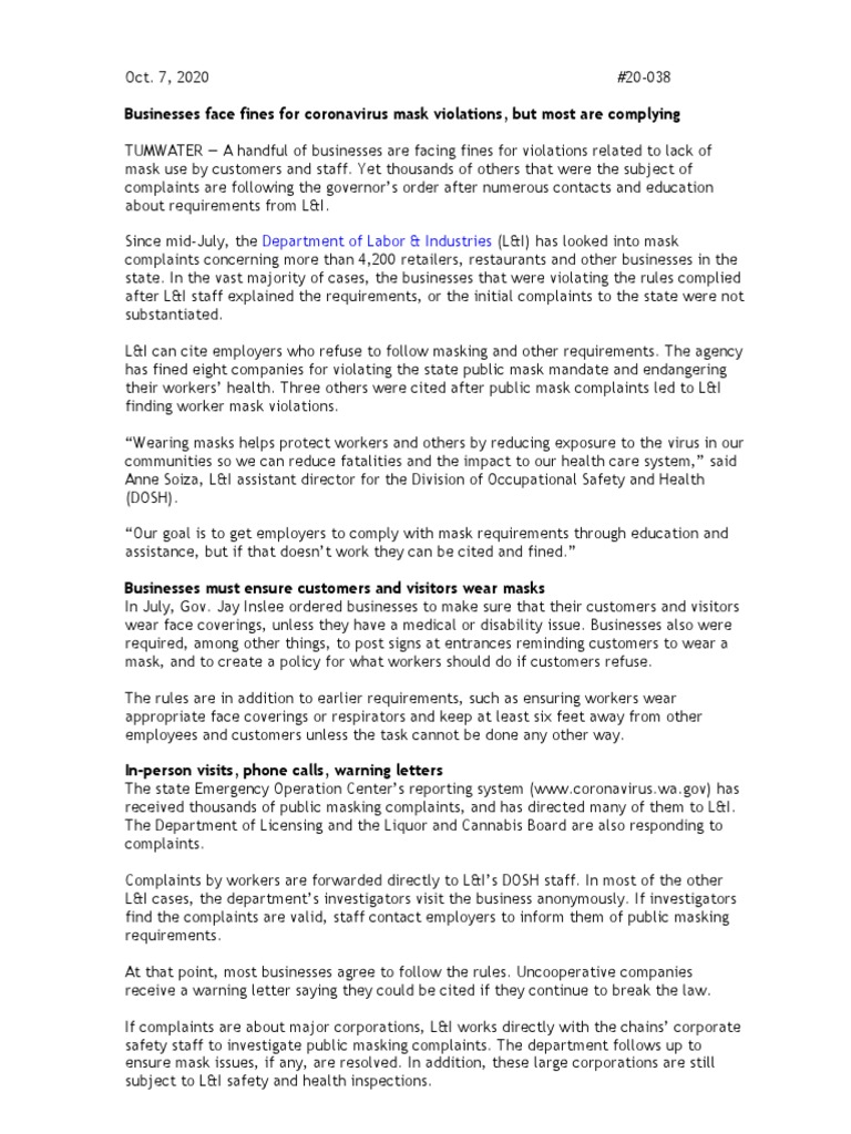 L&I Mask Violations Against 11 Businesses | PDF | Employment ...