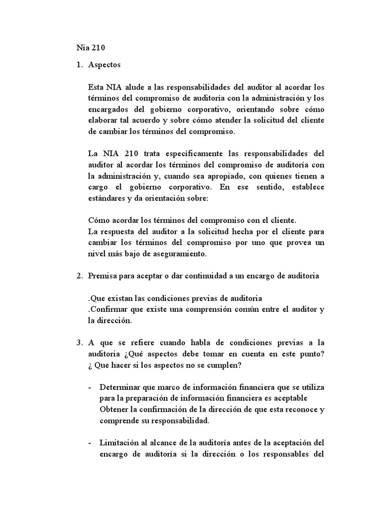 Nia 210 | PDF | Auditoría | normas internacionales de INFORMACION ...