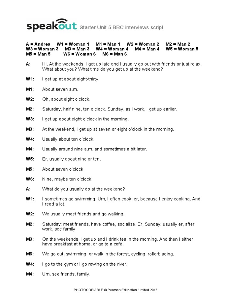 Starter Unit 5 BBC Interviews Script: PHOTOCOPIABLE © Pearson Education ...