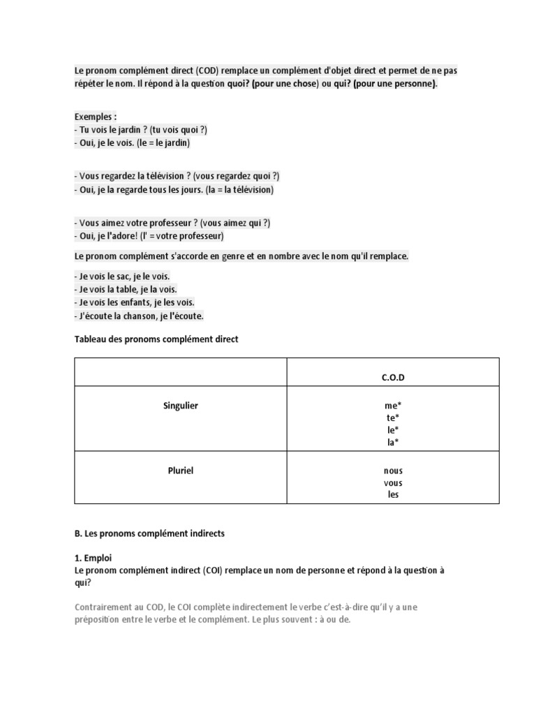 Maîtriser les Pronoms COD et COI | PDF | Nombre grammatical ...