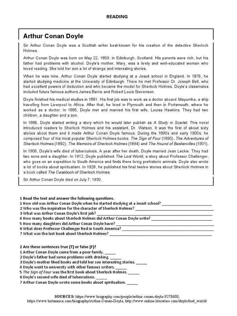 Arthur Conan Doyle Reading Reading Comprehension Exercises - 99872 ...