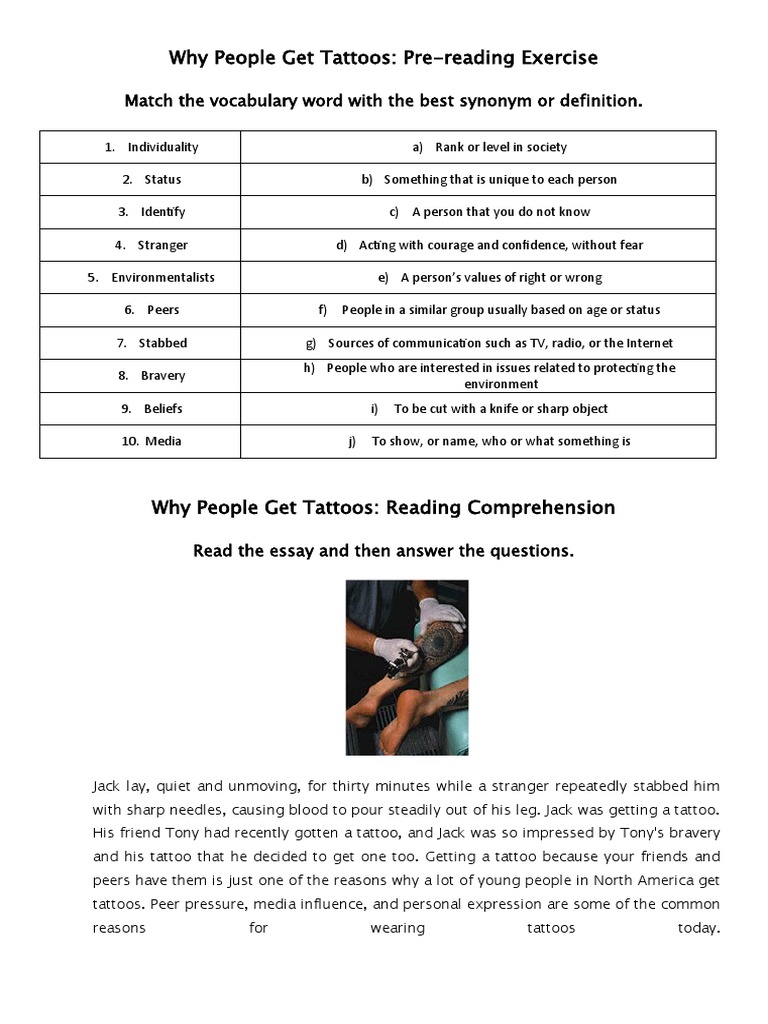 Why People Get Tattoos: Pre-Reading Exercise: Match The Vocabulary Word ...
