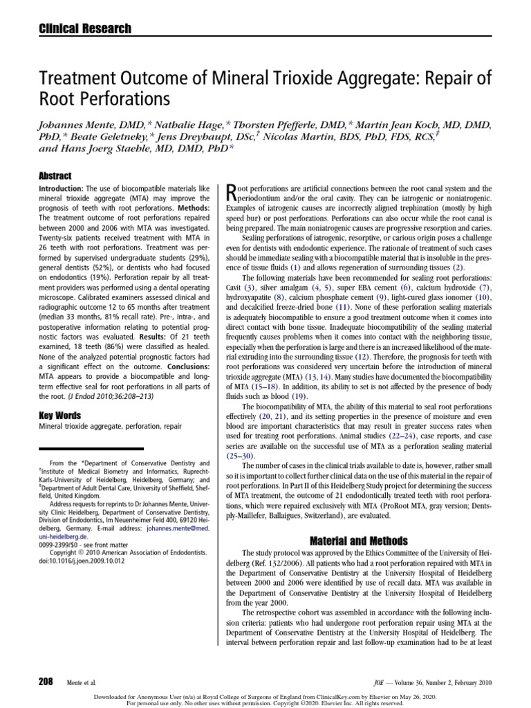 Treatment Outcome of Mineral Trioxide Aggregate: Repair of Root ...