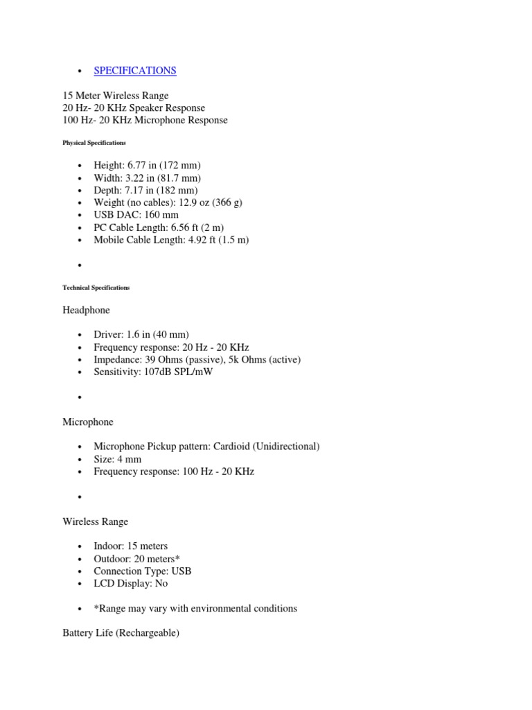 Physical Specifications | PDF