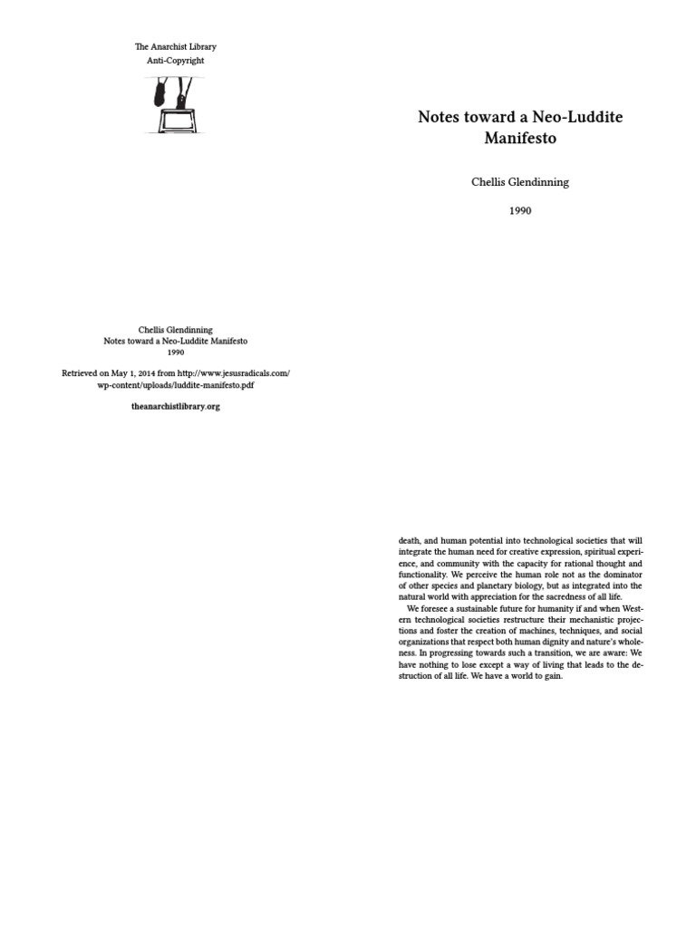 Chellis Glendinning, Notes Toward A Neo Luddite Manifesto A4 | PDF ...