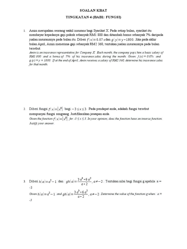 Soalan Kbat Addmath (Fungsi) T4 | PDF