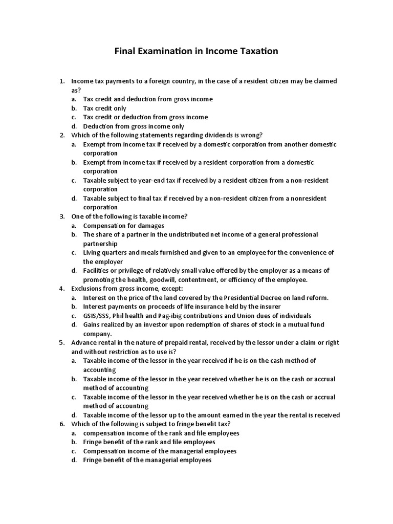 Final Examination in Income Taxation | PDF | Tax Deduction | Gross Income
