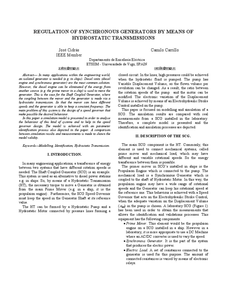 Regulation of Synchronous Generators by Means of Hydrostatic ...