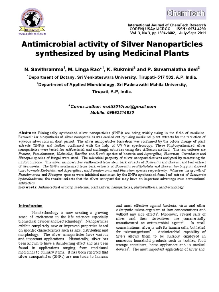 Antimicrobial Activity of Silver Nanoparticles Synthesized Using ...