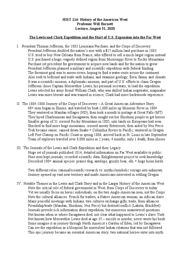 HIST 114: History of the American West - The Lewis and Clark Expedition ...
