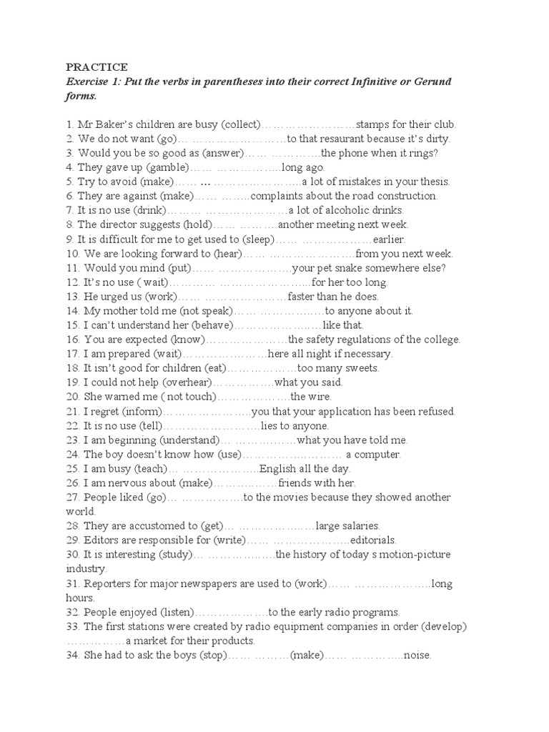 Verbs in Gerund or Infinitive Form: A Practice Exercise in Identifying ...