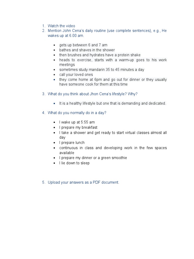 Watch The Video 2. Mention John Cena's Daily Routine (Use Complete ...