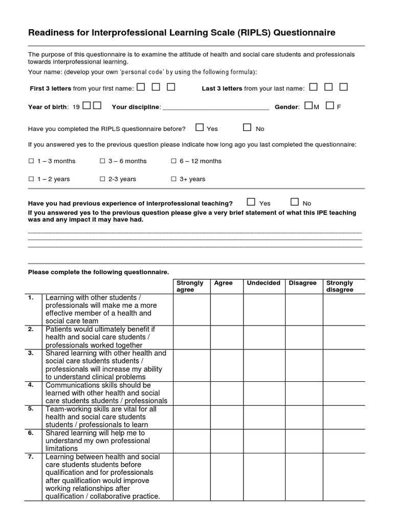 RIPLS Questionnaire Attitudes Towards Interprofessional Learning | PDF ...