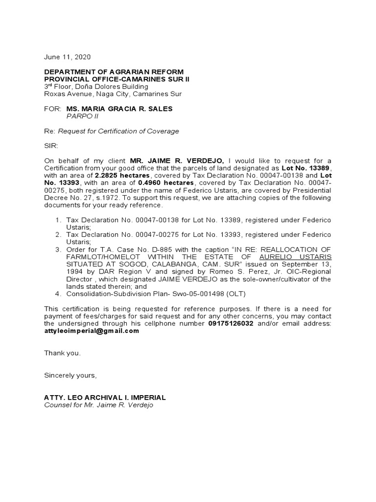 Letter TO DARPO-Request For Certification of Coverage | PDF