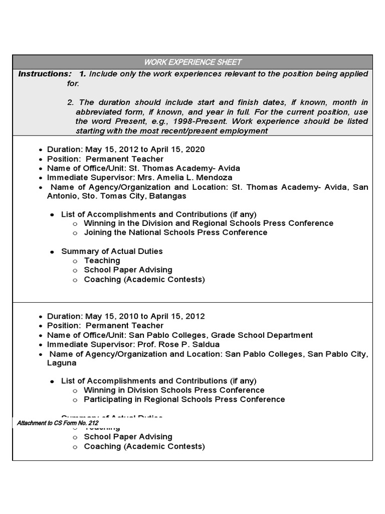 Work Experience Sheet: Attachment To CS Form No. 212 | PDF