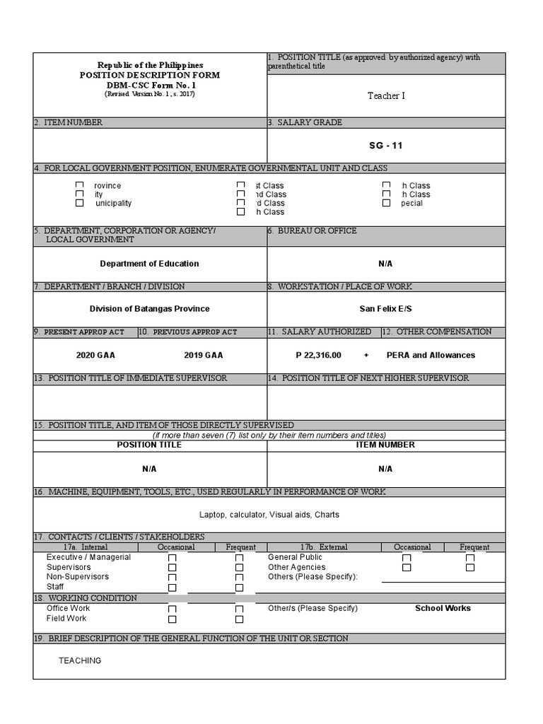 Republic of The Philippines Position Description Form DBM-CSC Form No ...