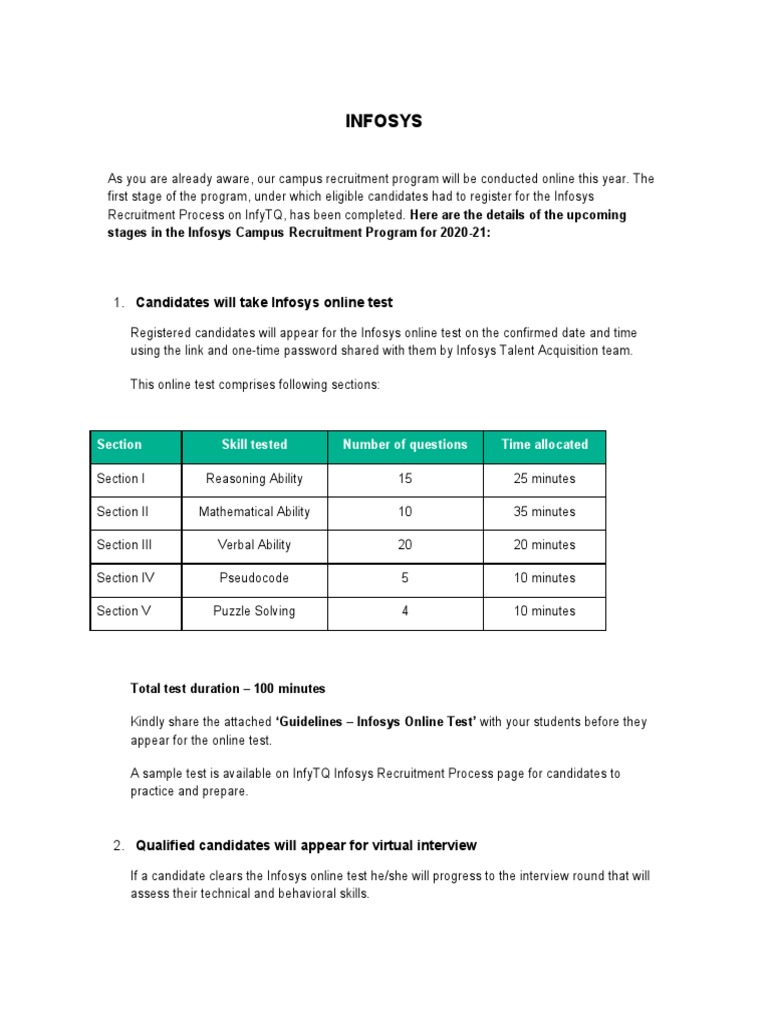 Infosys: 1. Candidates Will Take Infosys Online Test | PDF