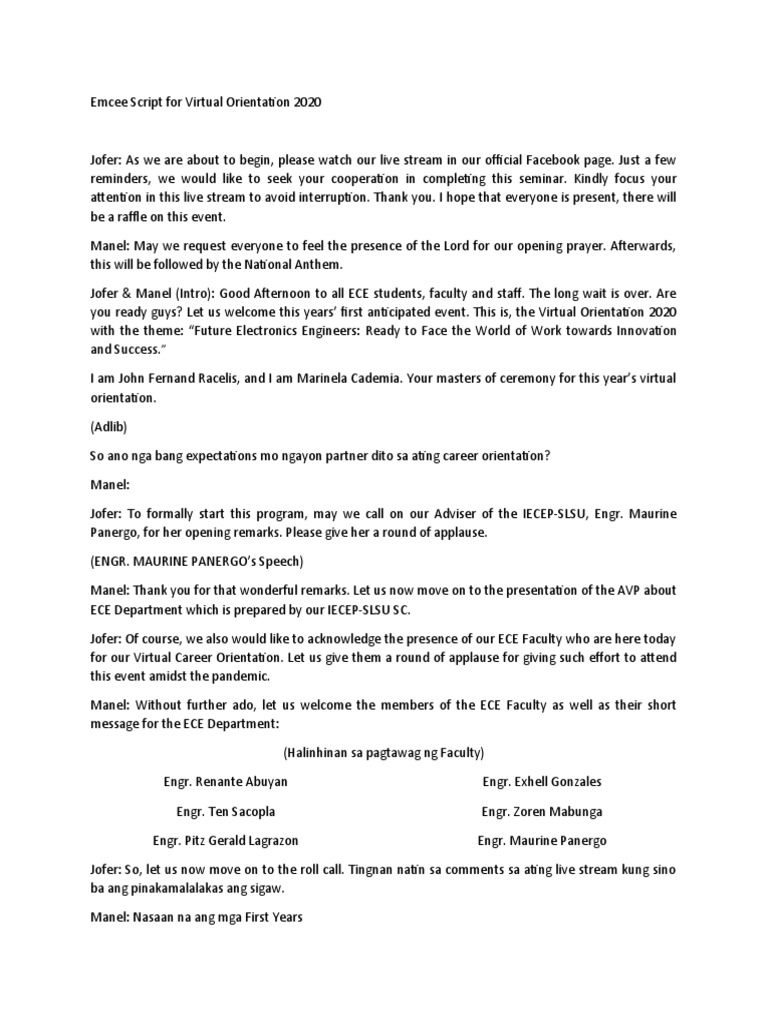 Emcee Script For Virtual Orientation 2020 | PDF