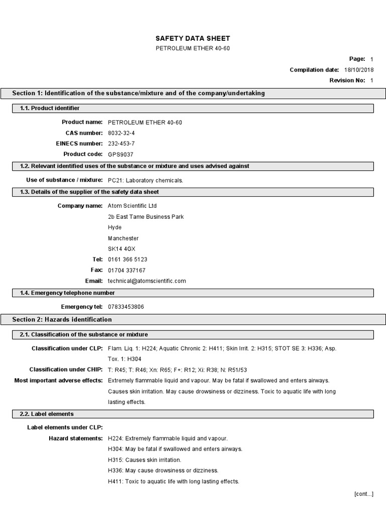 Safety Data Sheet: Section 1: Identification of The Substance/mixture and of The Company ...