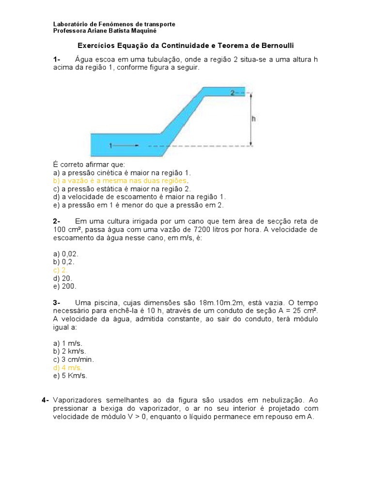 Lista de Exercícios Teorema de Bernoulli | PDF | Descarga (hidrologia) | Matéria condensada mole