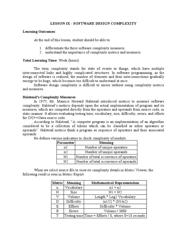 Lesson Ix - Software Design Complexity Learning Outcomes | PDF | Input/Output | Parameter ...