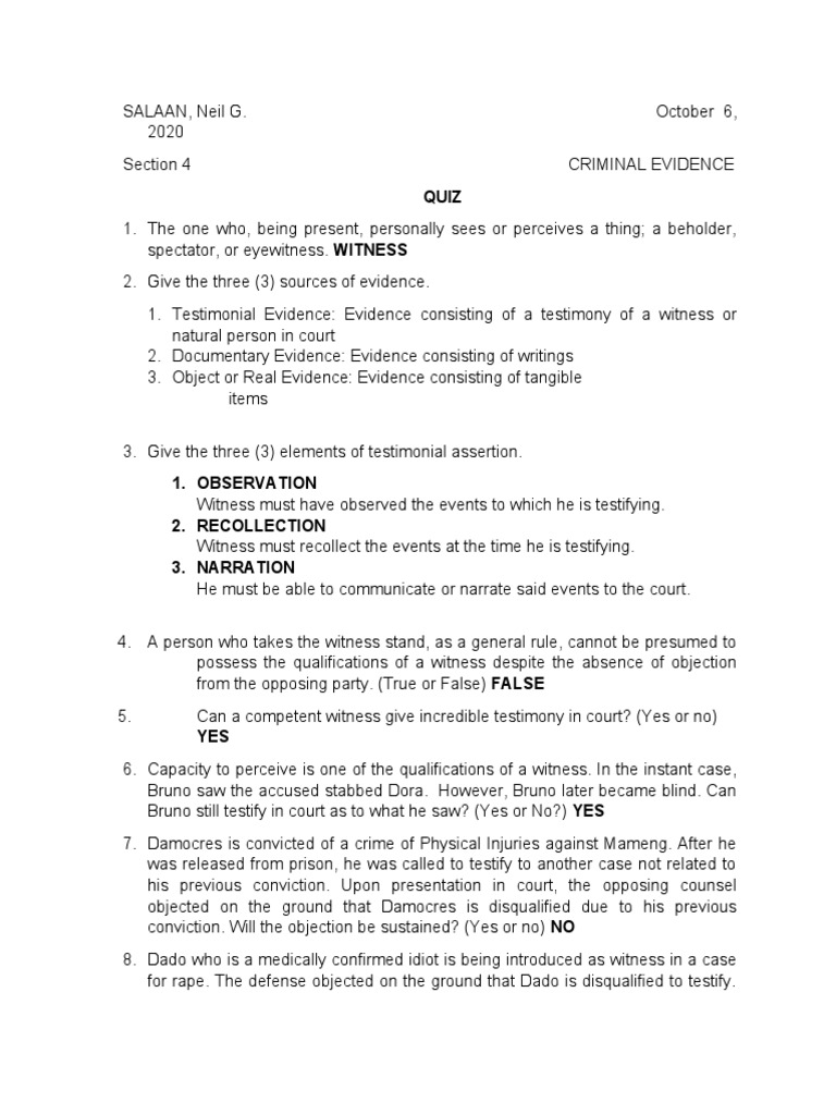 2C Salaan (Criminal Evidence Quiz) | PDF | Witness | Testimony