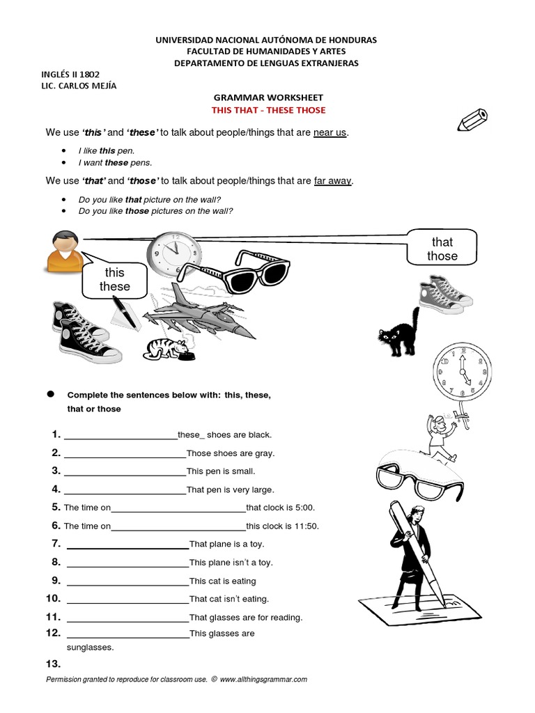 That Those This These: Grammar Worksheet | PDF