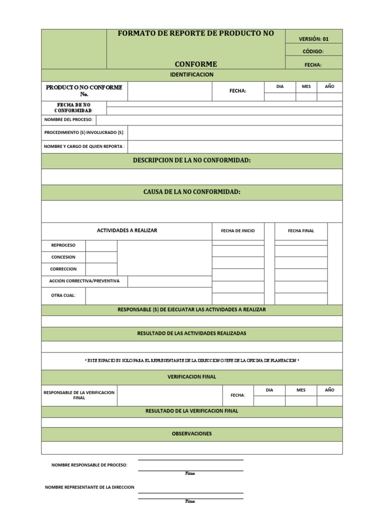 Formato de Producto No Conforme | PDF