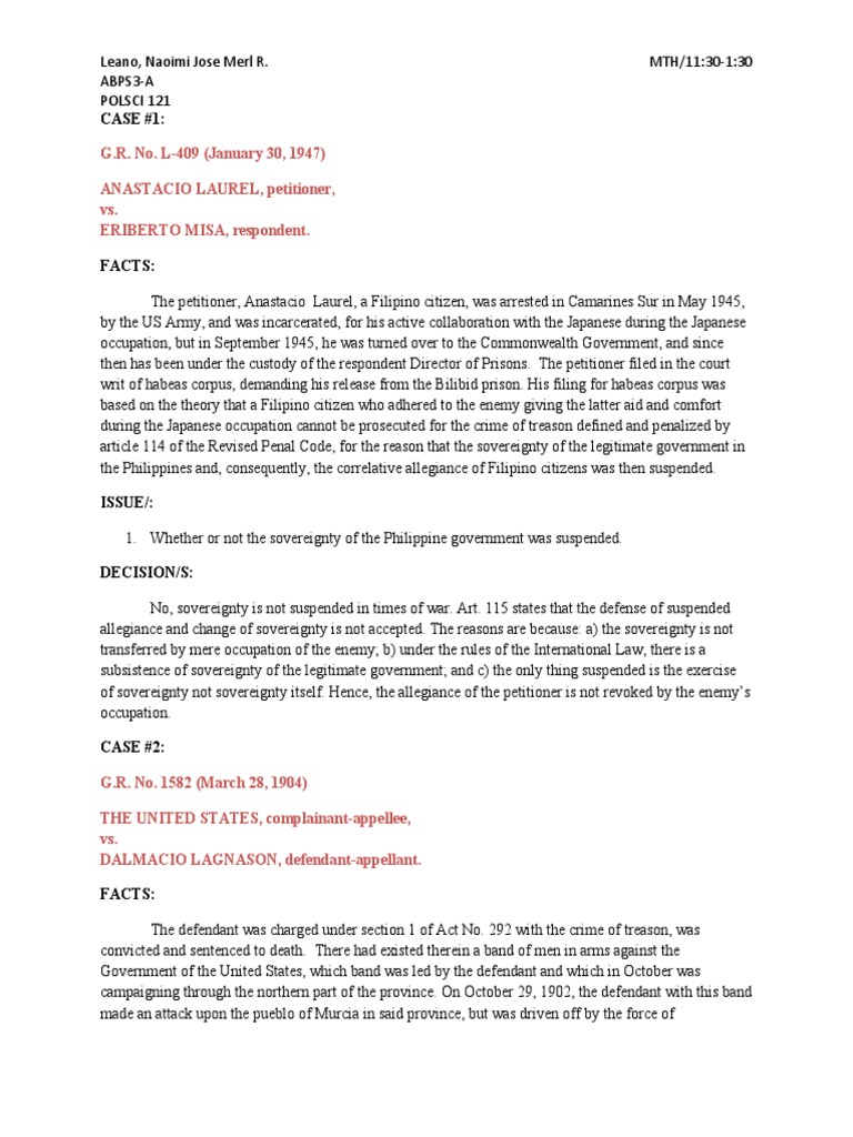 G.R. No. L-409 (January 30, 1947) ANASTACIO LAUREL, Petitioner, vs ...