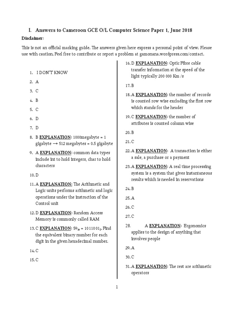 2018 GCE O/L Computer Science Answers | PDF | Electronics | Computing