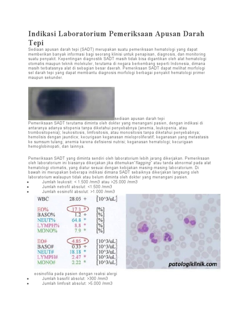 Indikasi Laboratorium Pemeriksaan Apusan Darah Tepi | PDF
