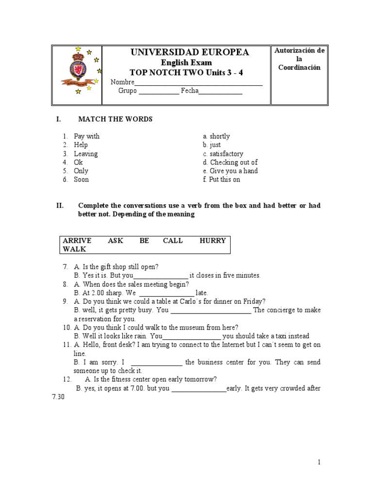 Preparing for the English Exam: A Comprehensive Review of Top Notch 2 Units 3-4 Vocabulary ...