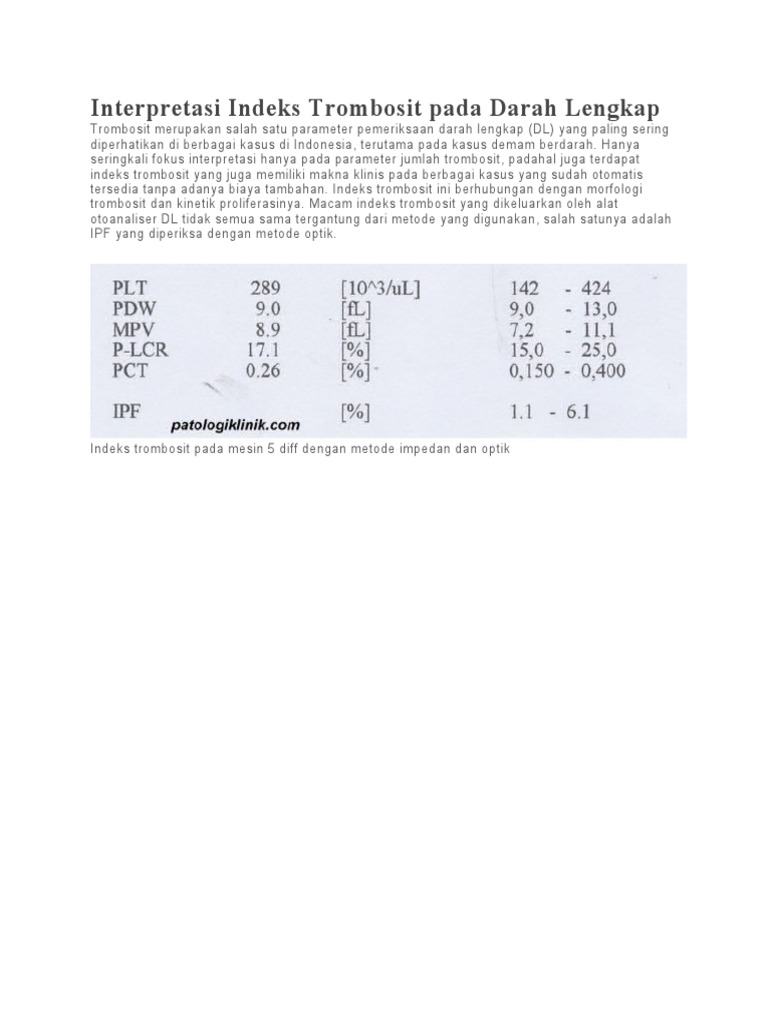 Interpretasi Indeks Trombosit Pada Darah Lengkap | PDF | Sains & Matematika