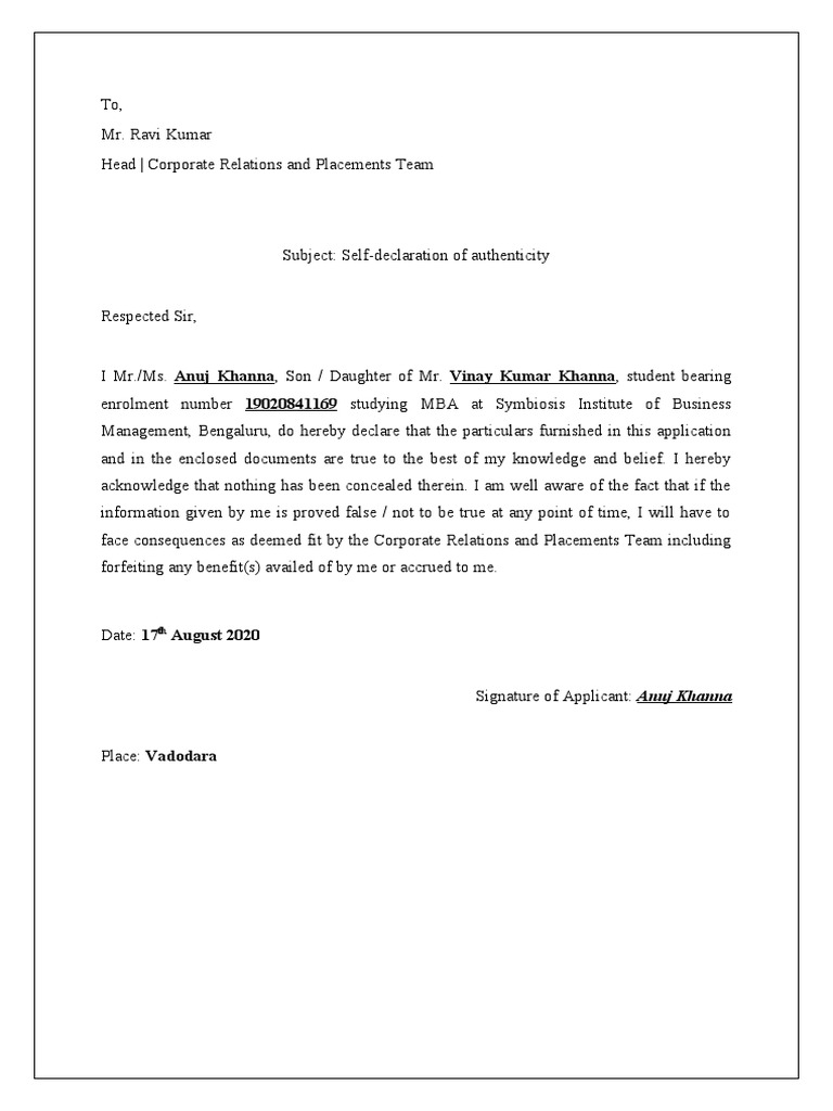 Self Declaration Form | PDF