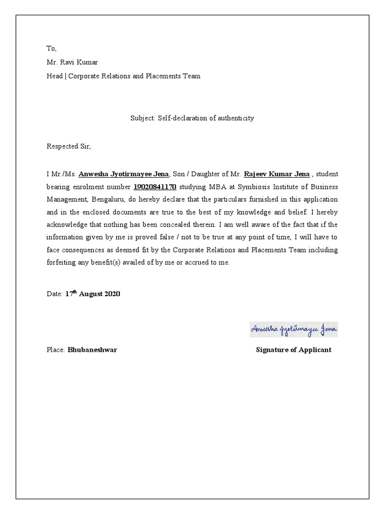 Self Declaration Form | PDF