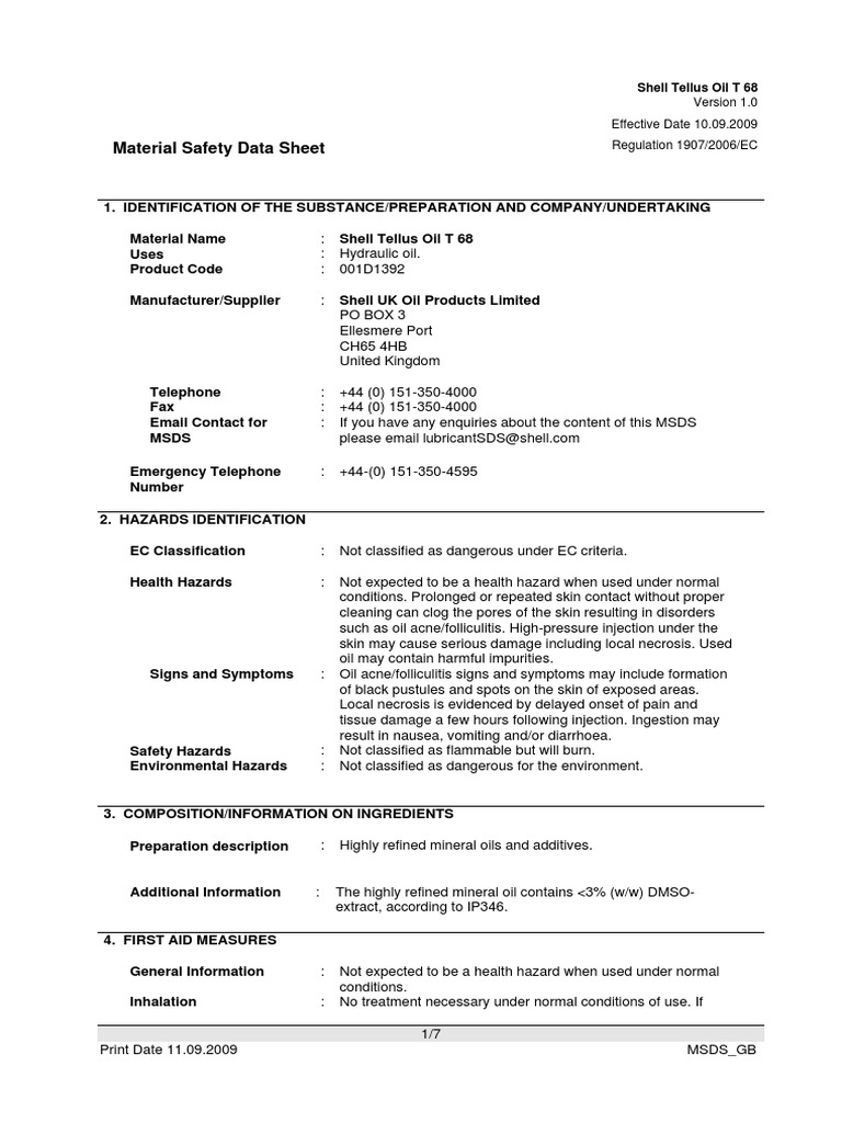 EN - MSDS - Shell Tellus T 68 PDF | PDF | Dangerous Goods | Toxicity