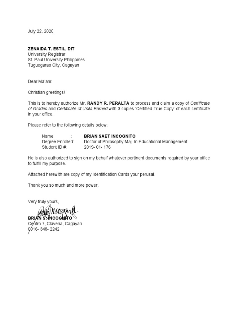 Authorization Letter - SPUP | PDF