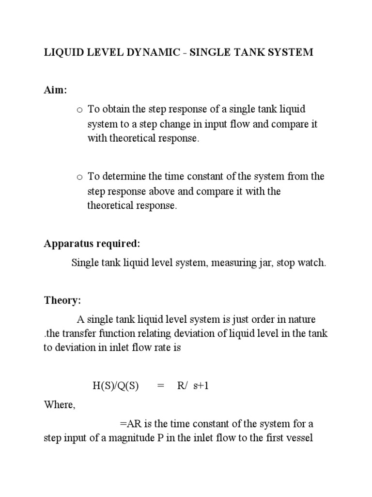 Liquid Level Dynamic - Single Tank System | PDF | Flow Measurement ...