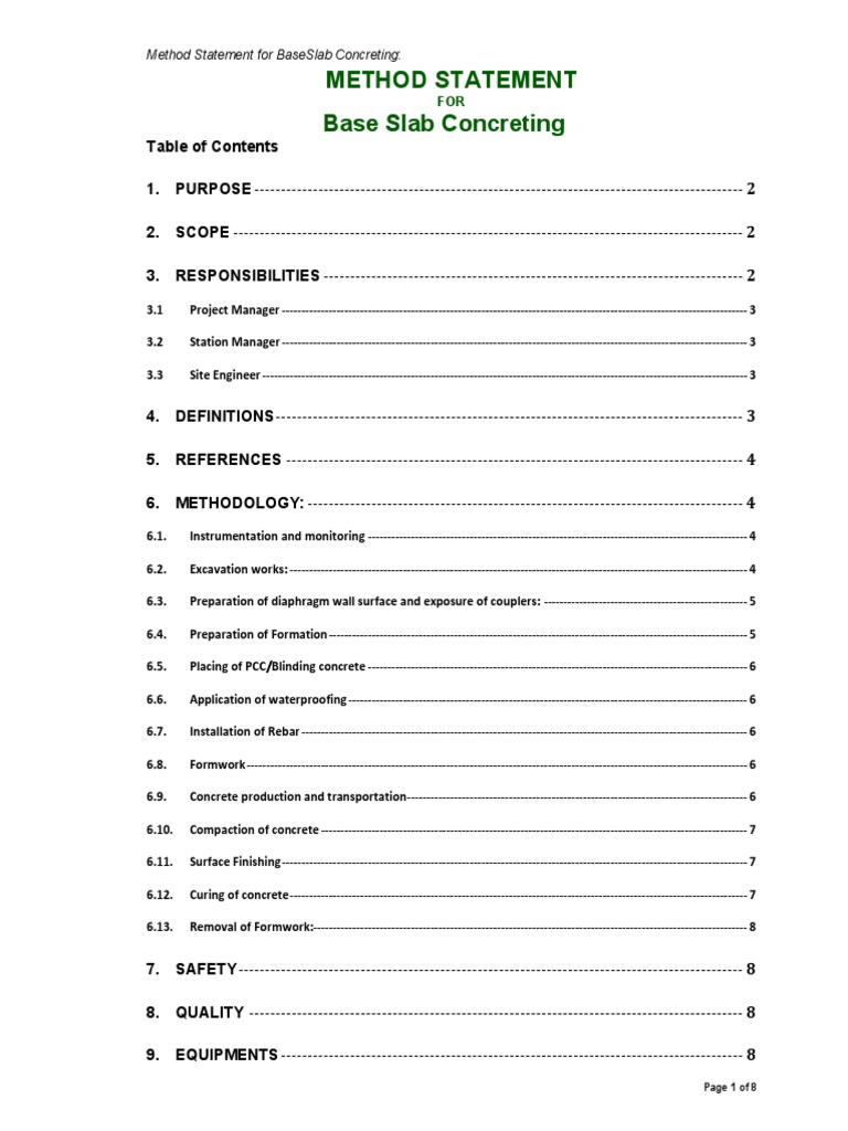 Method Statement Base Slab Concreting: Page 1 of 8 | PDF | Concrete ...