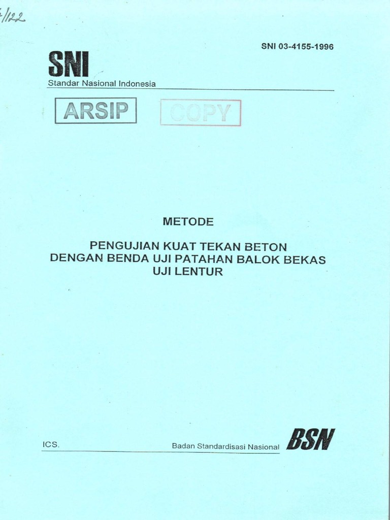 SNI-03-4155-1996 Pengujian Kuat Tekan Beton Dengan Benda Uji Patahan Balok Bekas Uji Lentur | PDF