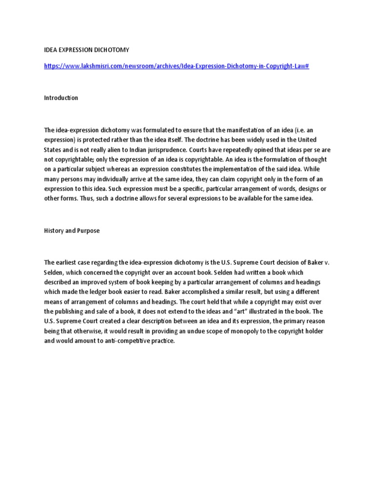 Idea Expression Dichotomy | PDF | Idea | Copyright