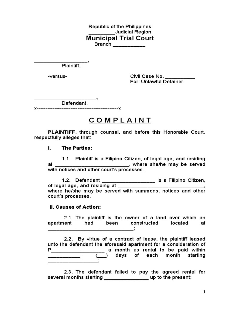 Complaint - Unlawful Detainer | PDF | Lawsuit | Damages