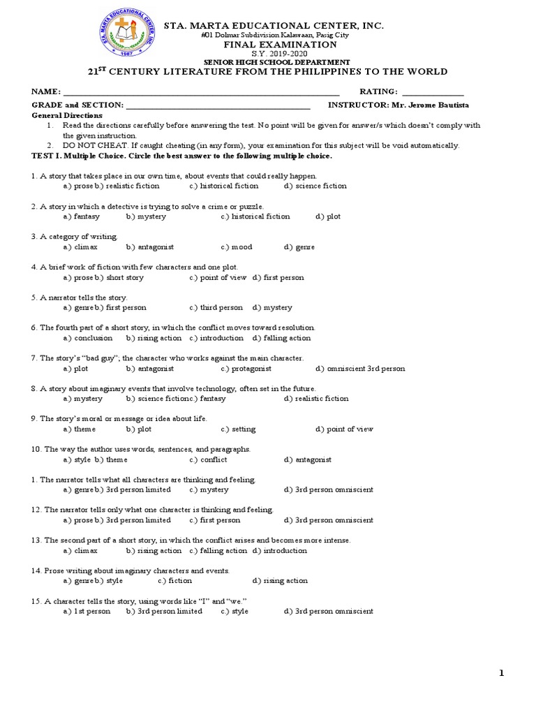 Senior High School Literature Exam | PDF | Narration | Plot (Narrative)