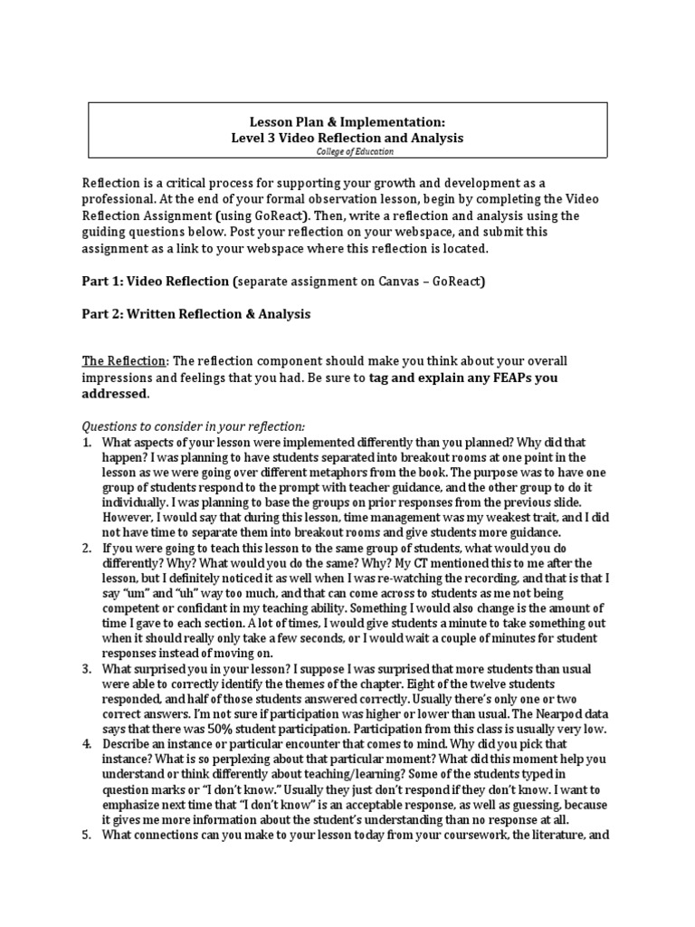 Lesson Plan & Implementation: Level 3 Video Reflection and Analysis ...