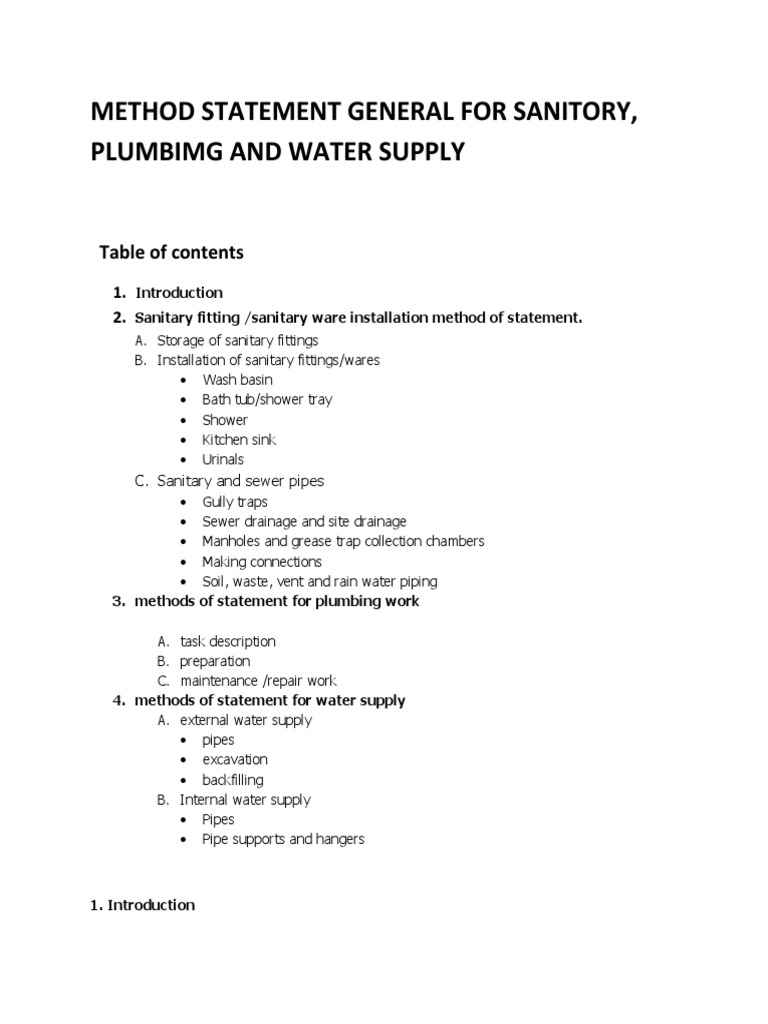 Method Statement For Sanitory, Plumbing and Water Supply | PDF | Plumbing | Countertop