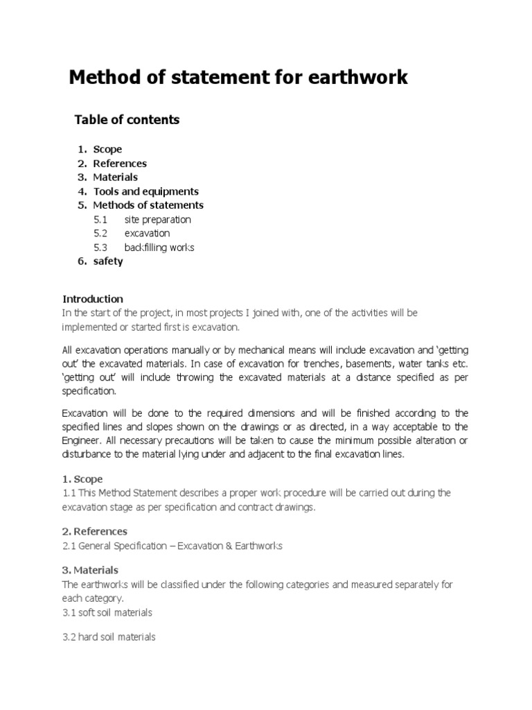Method Statements For Earthwork | PDF | Specification (Technical Standard) | Economic Sectors