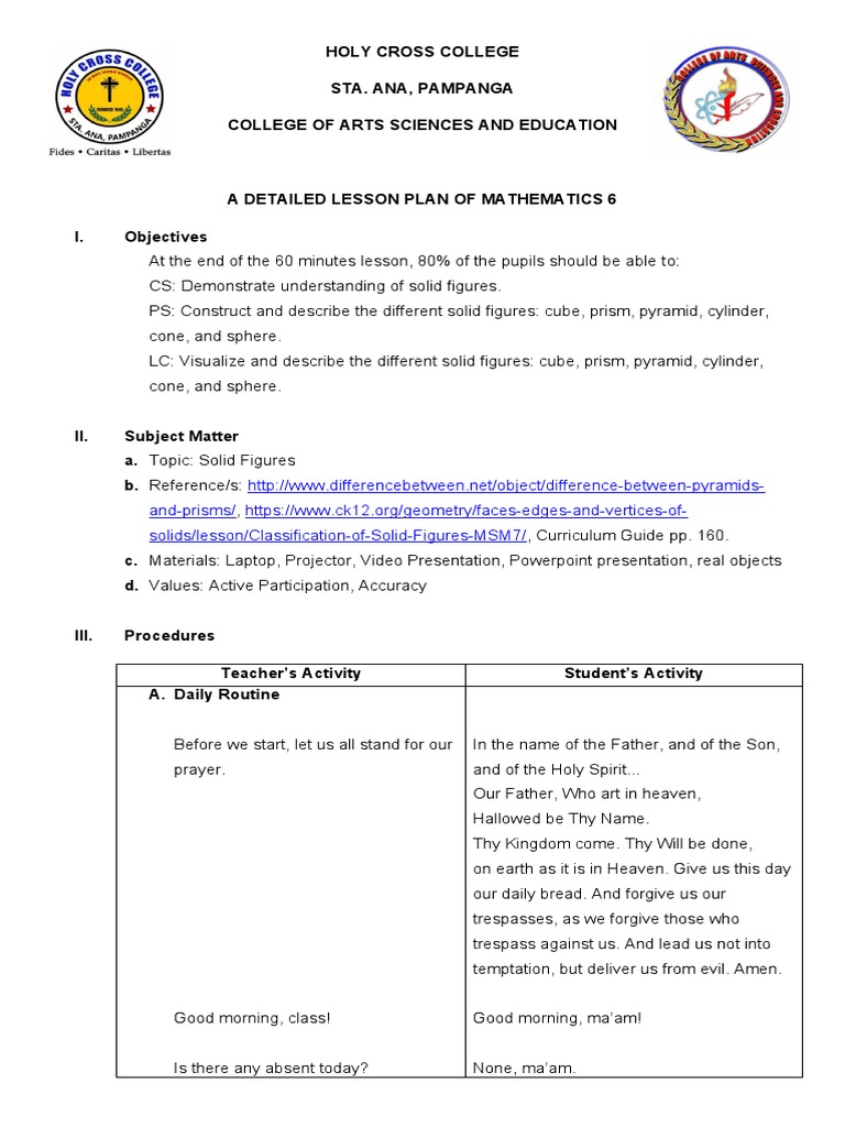 A DETAILED LESSON PLAN of MATHEMATICS 6 | PDF | Vertex (Geometry) | Sphere