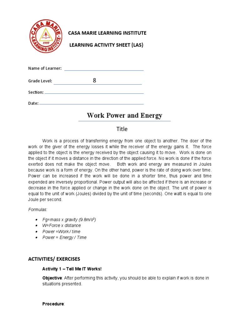Grade 8 Science Activity: Work & Energy | PDF | Weight | Force