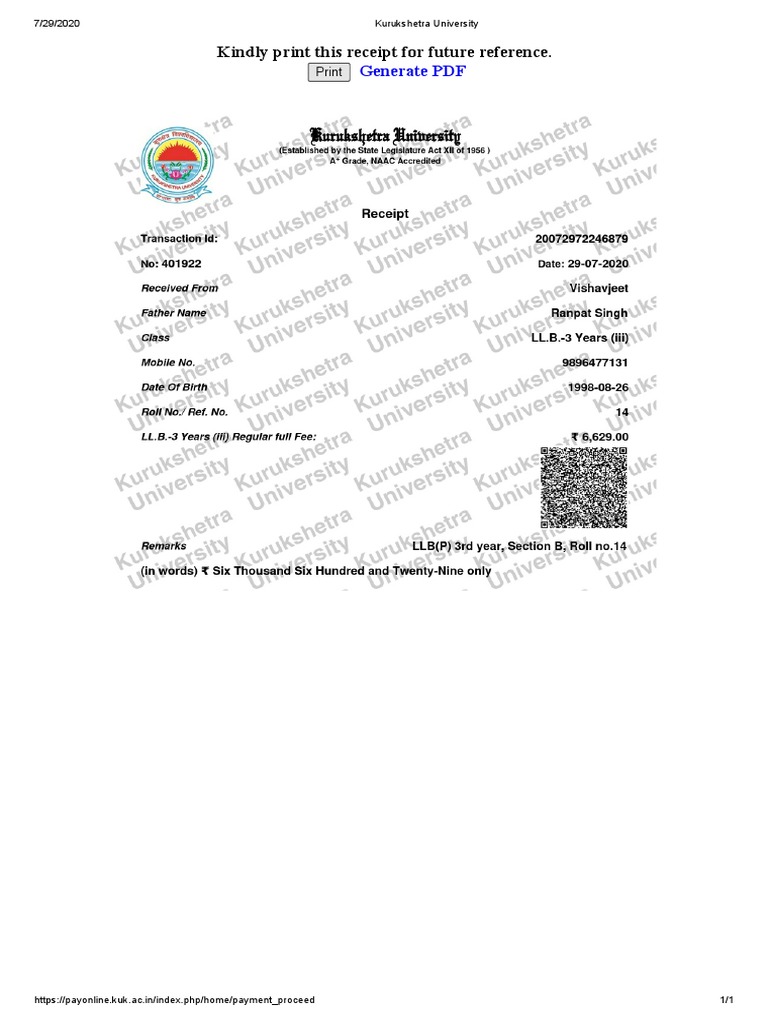 Payment Receipt for Tuition Fees from Kurukshetra University Dated July ...