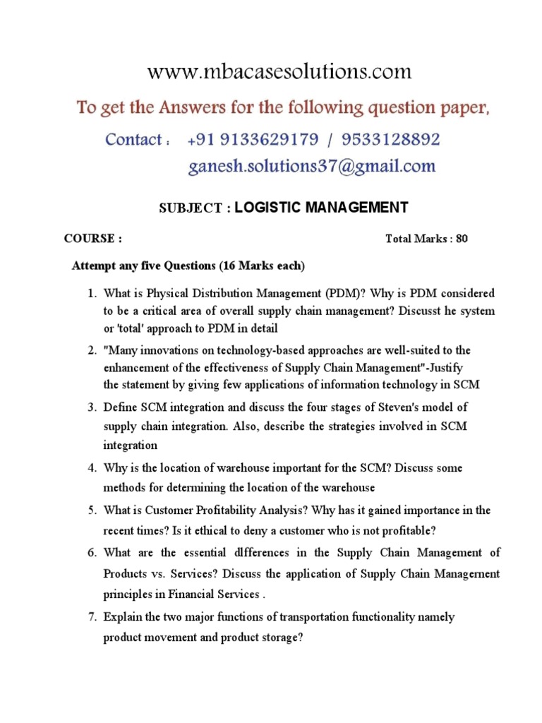 Subject: Logistic Management: Course: Attempt Any Five Questions (16 ...